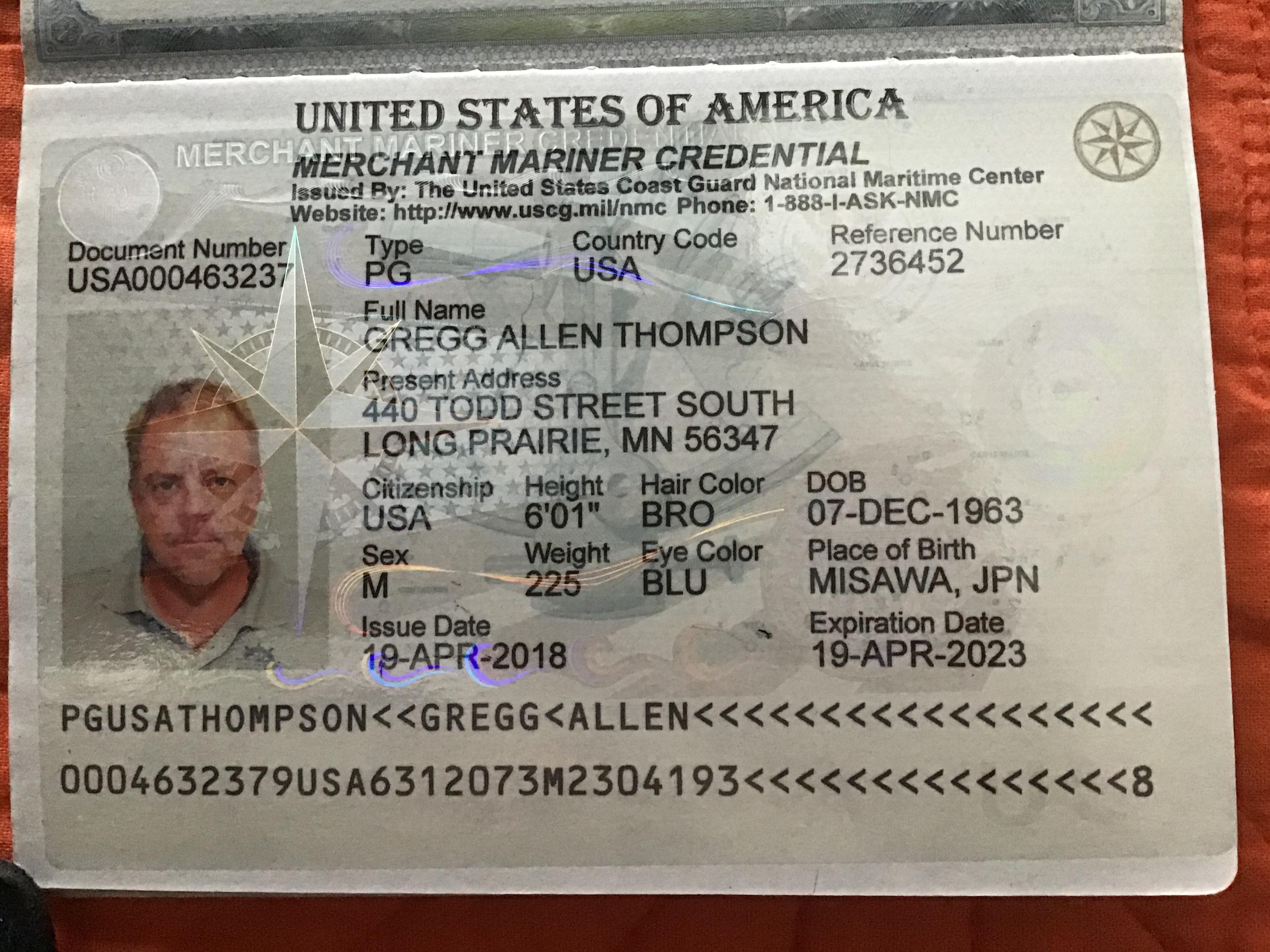 USA Coast Guard Captain or Masters License 2018, April 2023, April ...